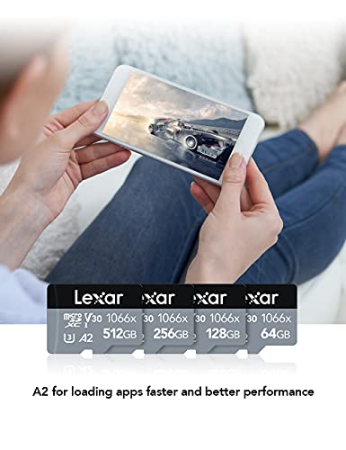 Lexar Professional 1066x 512GB microSDXC UHS-I Card w/ SD Adapter, C10, U3, V30, A2, Full HD, 4K UHD, Up to 160MB/s Read, for Action Cameras, Drones, High-End Smartphones, Tablets (LMS1066512G-BNANU)