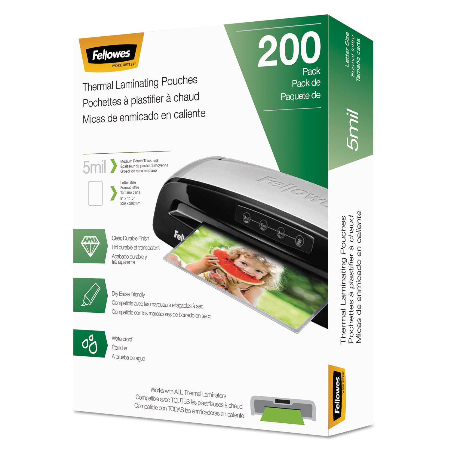 Fellowes Thermal Laminating Pouches, Letter Size Sheets, 5mil 200pk, Clear (5743601)