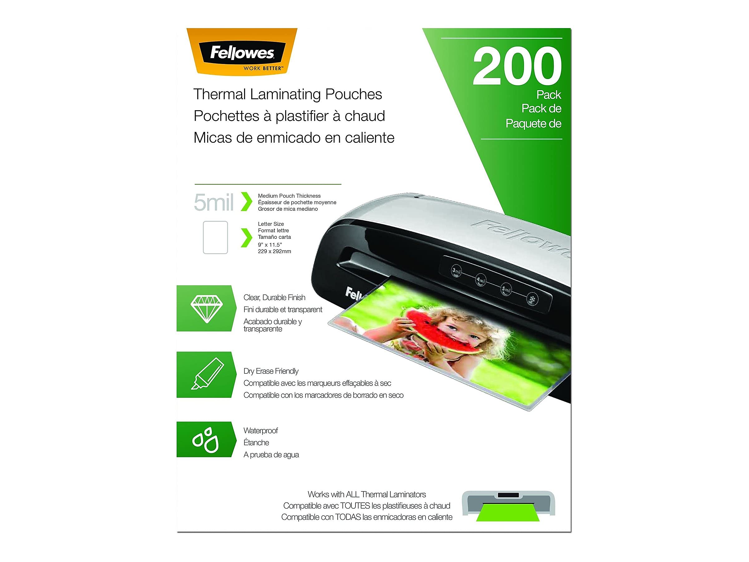 Fellowes Thermal Laminating Pouches, Letter Size Sheets, 5mil 200pk, Clear (5743601)