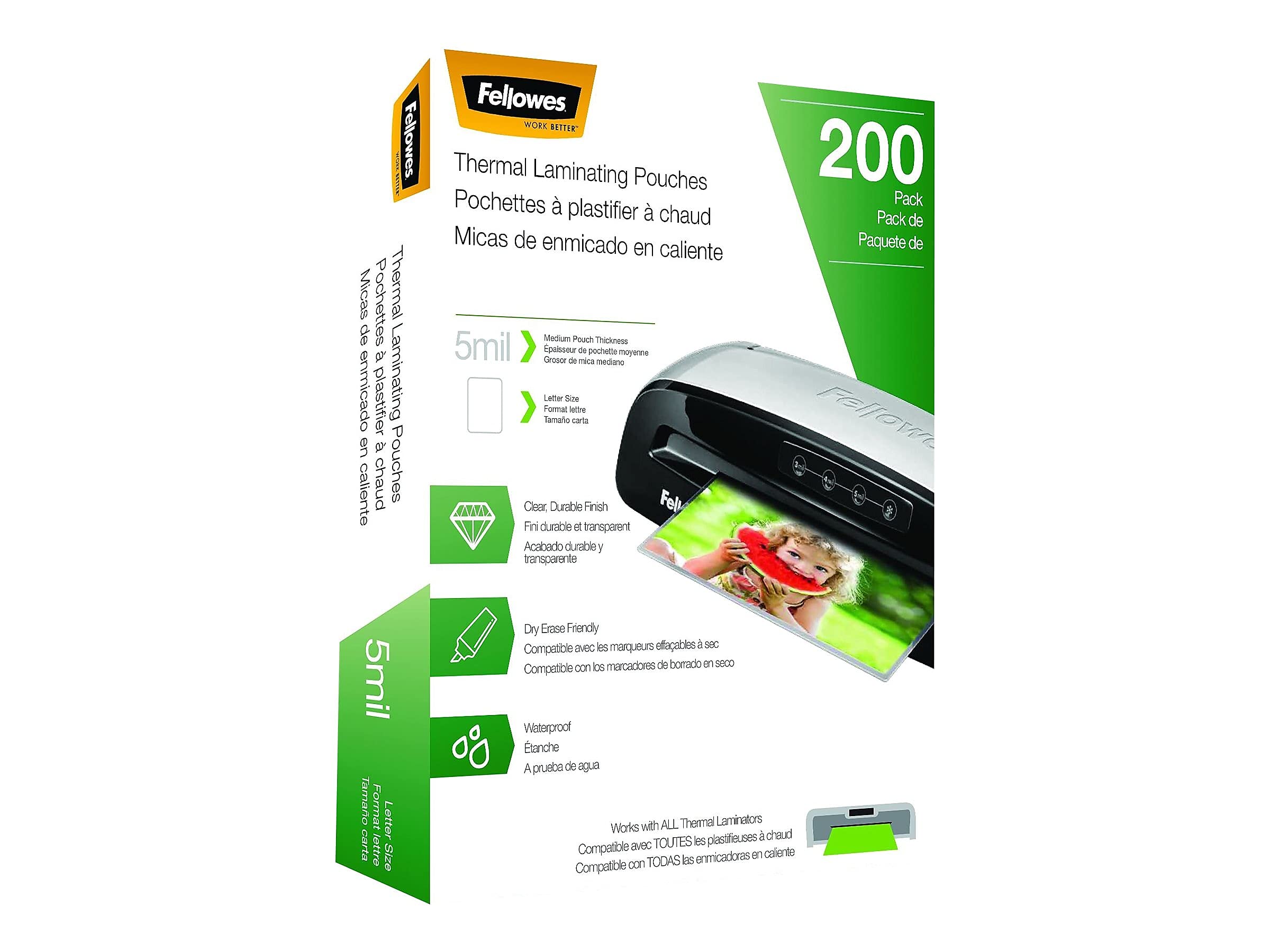 Fellowes Thermal Laminating Pouches, Letter Size Sheets, 5mil 200pk, Clear (5743601)