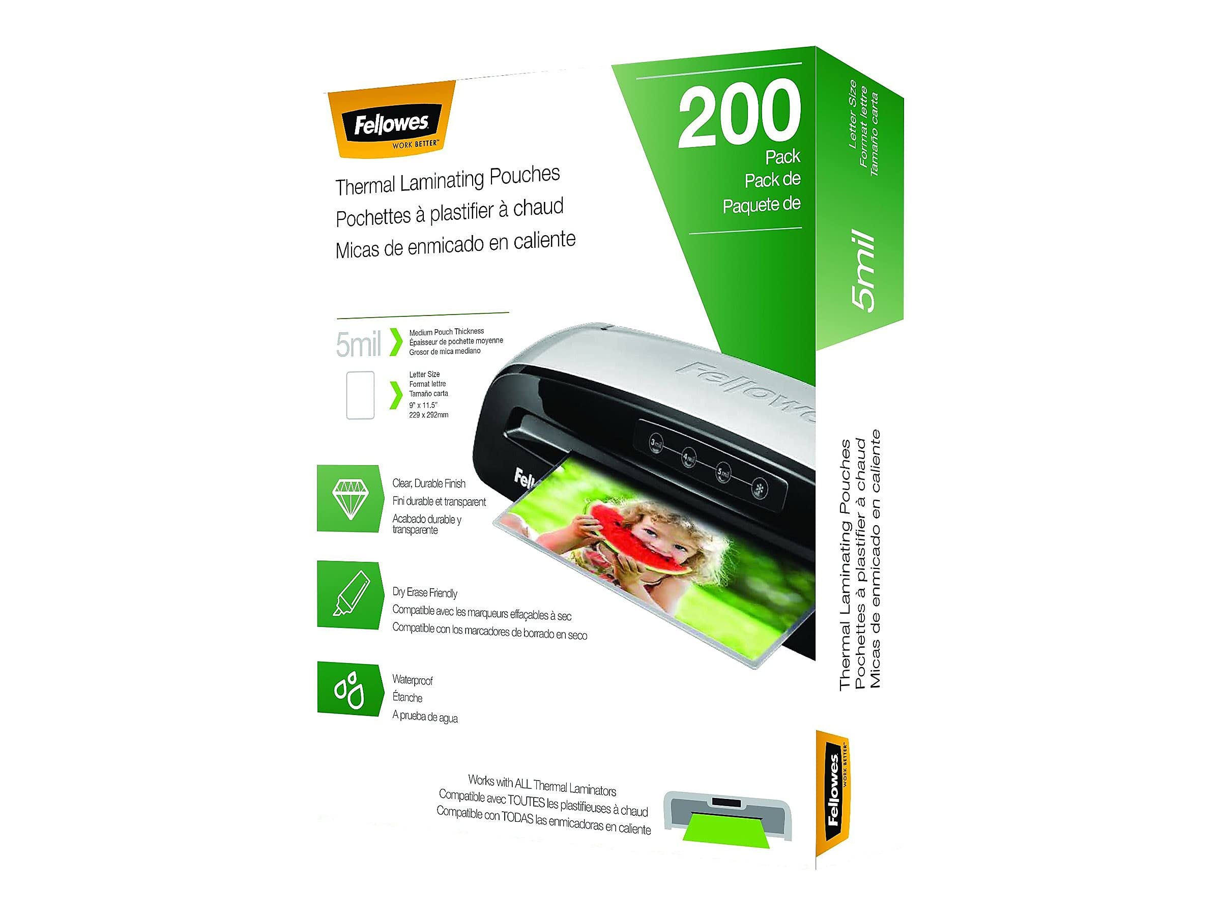 Fellowes Thermal Laminating Pouches, Letter Size Sheets, 5mil 200pk, Clear (5743601)