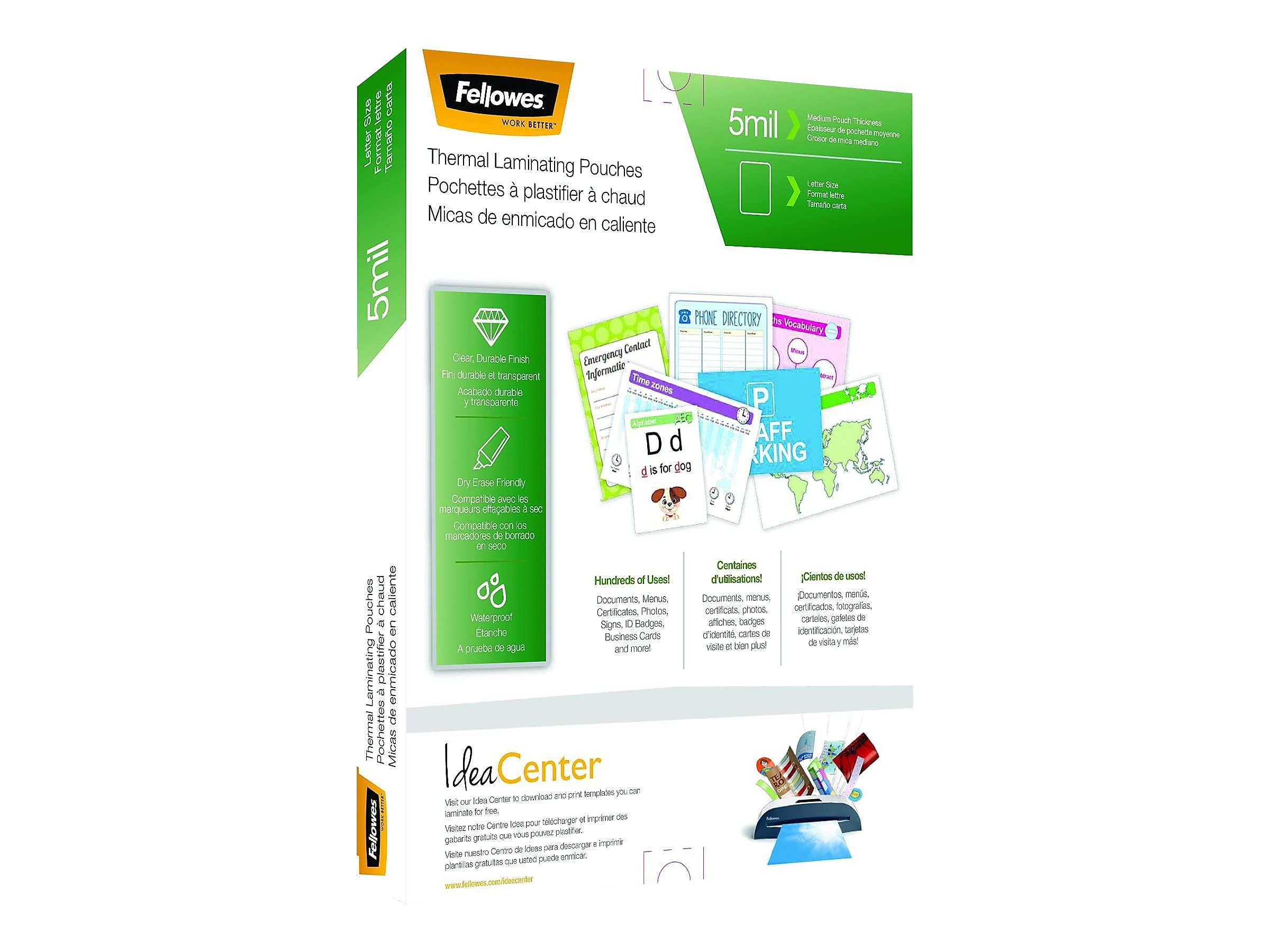 Fellowes Thermal Laminating Pouches, Letter Size Sheets, 5mil 200pk, Clear (5743601)