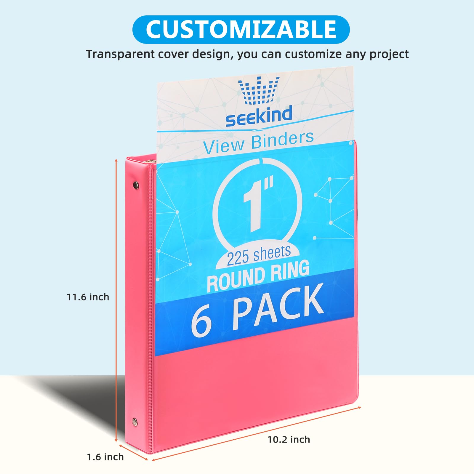 1 Inch 3 Ring Binders,SEEKIND View Binders,Holds Up to 8.5"11" Paper,Customizable Clear Cover,for Home,Office, and School Supply,6 Pack