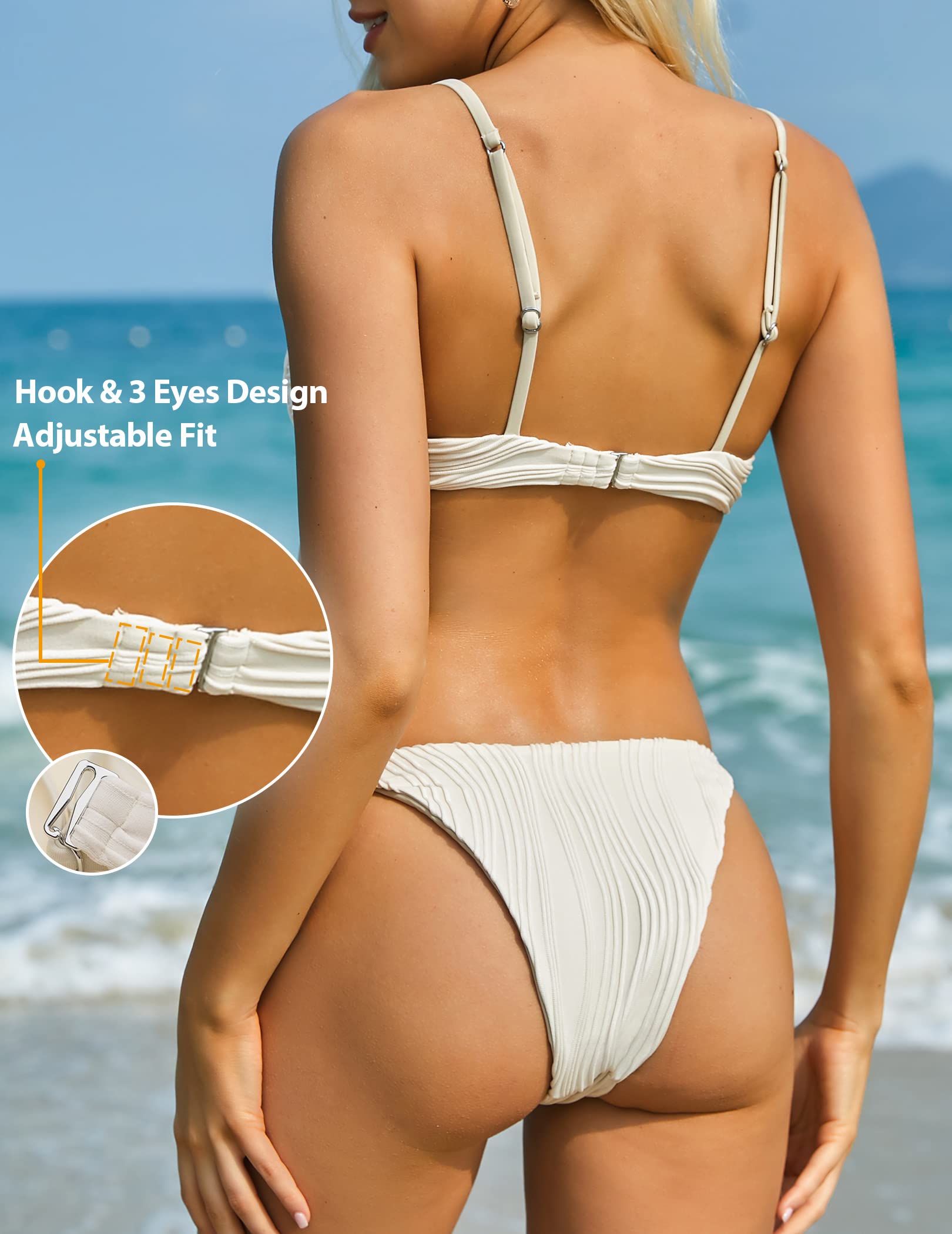 ZAFUL Women's Two Piece Bikini Sets Triangle High Cut Thong Bathing Suit Cami Padded Solid Swimsuits Beige S