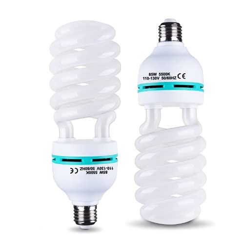 2Pcs 85W Light Bulb 5500K CFL Roas Daylight Spiral Softbox Lighting Kit Bulb in E27/E26 Socket for Photography Photo Box (135w-2p)