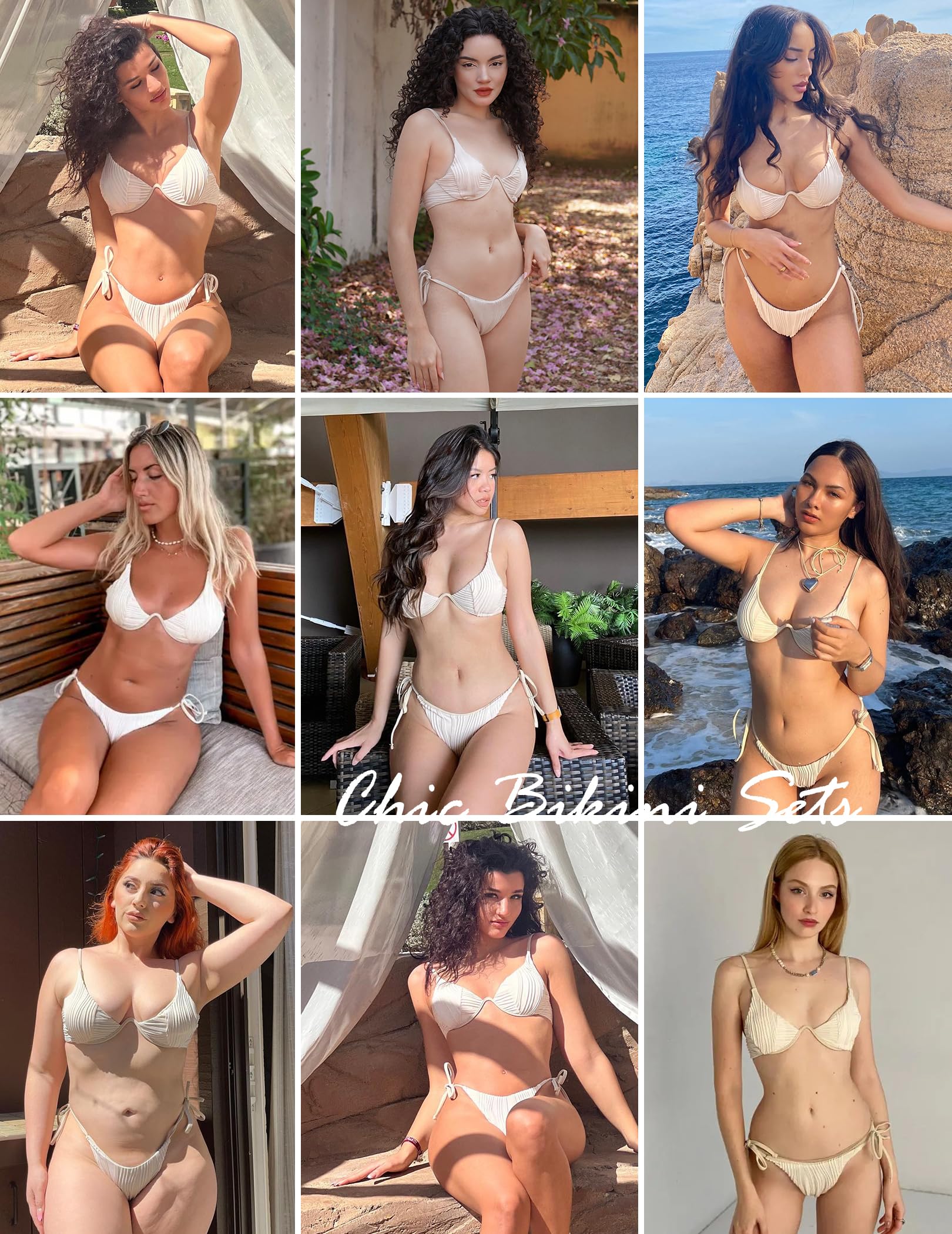 ZAFUL Women's Two Piece Bikini Sets Triangle High Cut Thong Bathing Suit Cami Padded Solid Swimsuits Beige S