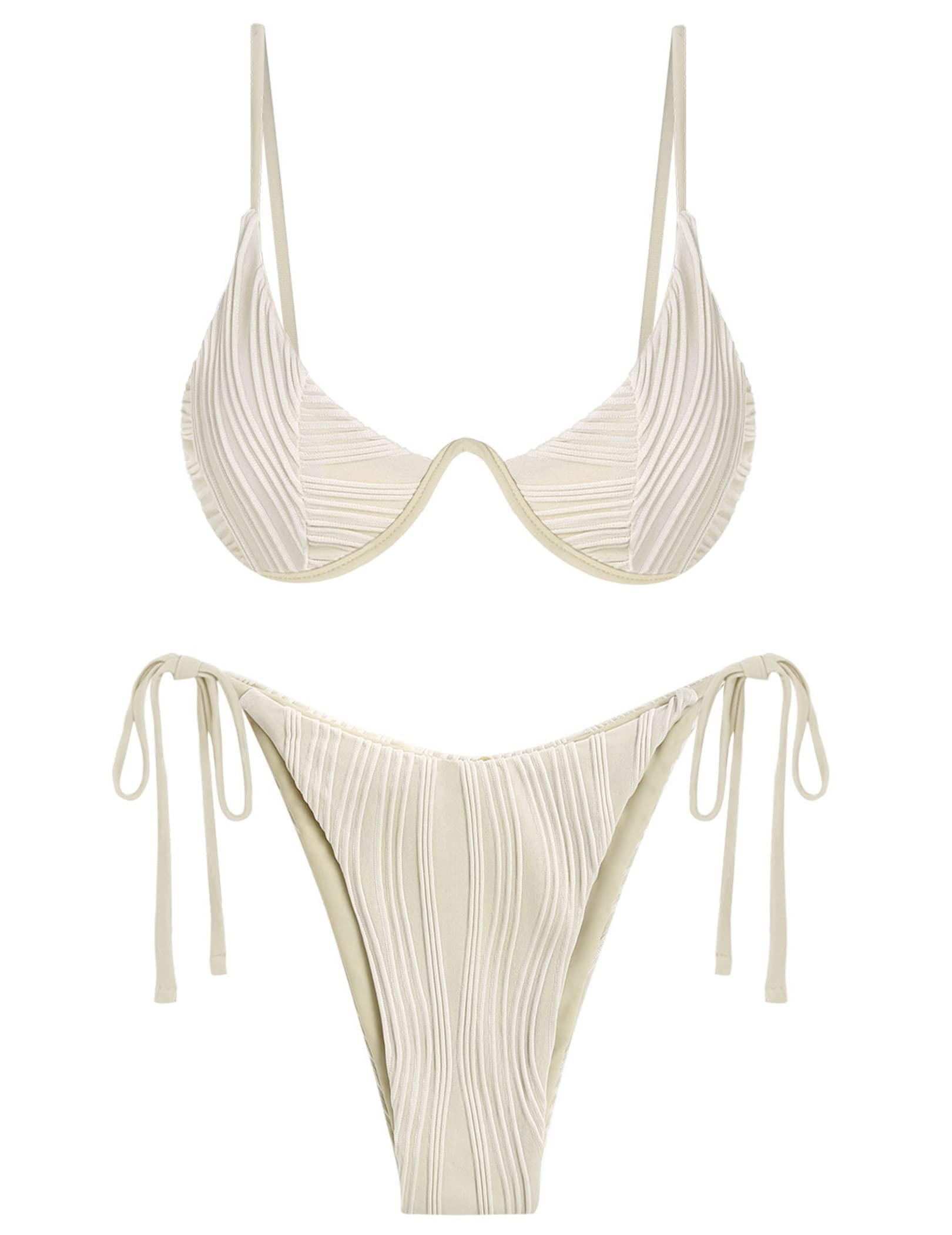 ZAFUL Women's Two Piece Bikini Sets Triangle High Cut Thong Bathing Suit Cami Padded Solid Swimsuits Beige S