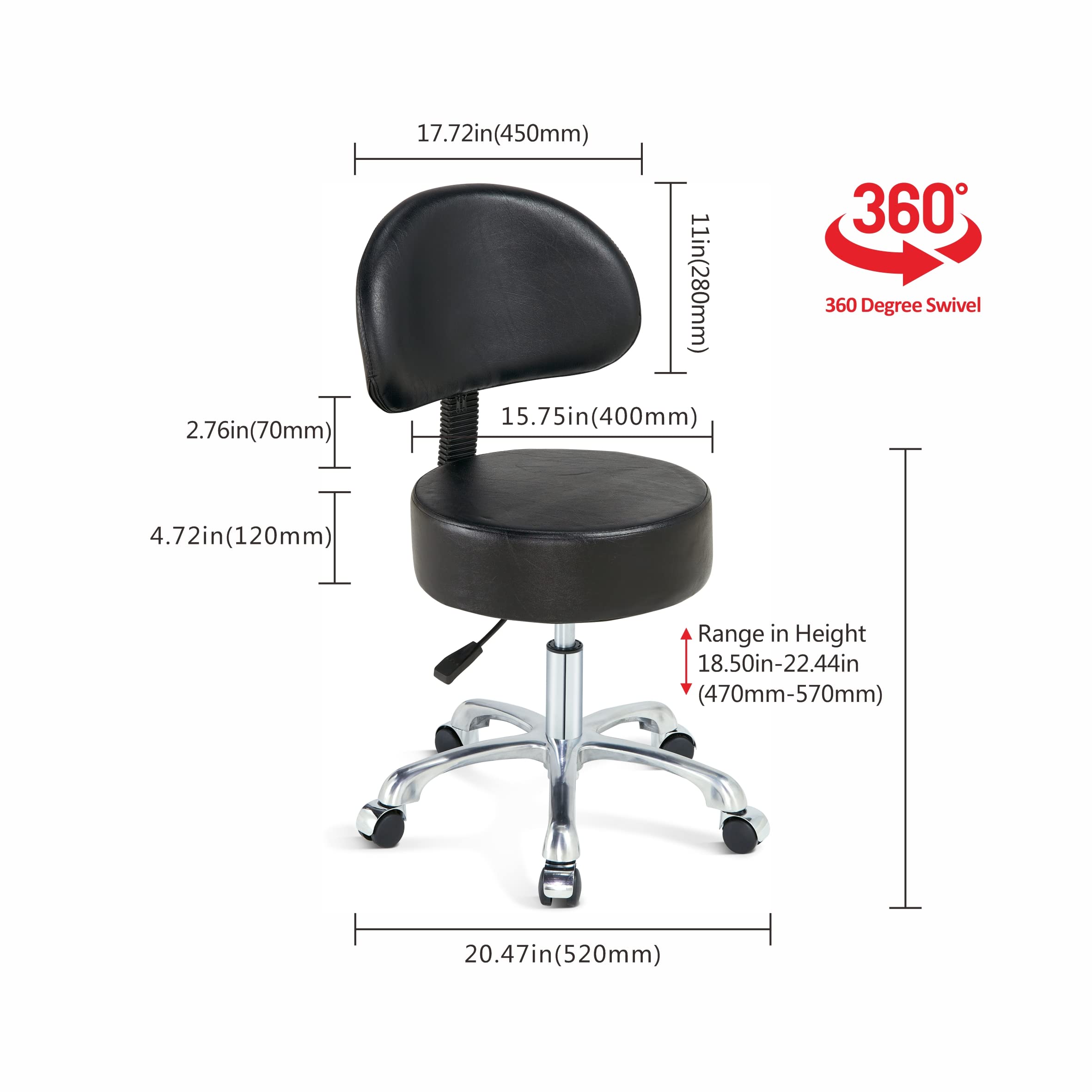 Lilfurni Swivel Rolling Stool Round Chair,Thick Sturdy Padding,Adjustable Stool with Wheels for Doctor,Medical,Massage Salon,Office,Shop(Black) (with Back, Black)