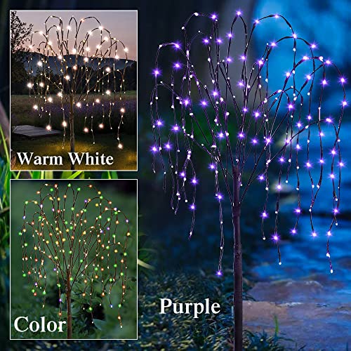 ooLALoo Outdoor Tree Solar Willow Tree 4.6 FT Artificial Plant for Garden Waterproof with Blink Modes for Patio Decor (Purple)