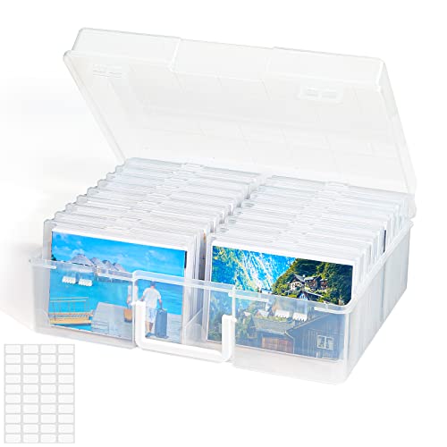 Lifewit Photo Storage Box 4x6 Photo Case, 18 Inner Photo Keeper, Clear Photo Boxes Storage, Plastic Photo Organizer Craft Storage Box for Seeds Cards Pictures Stamps with 1 Sheet Label Sticker