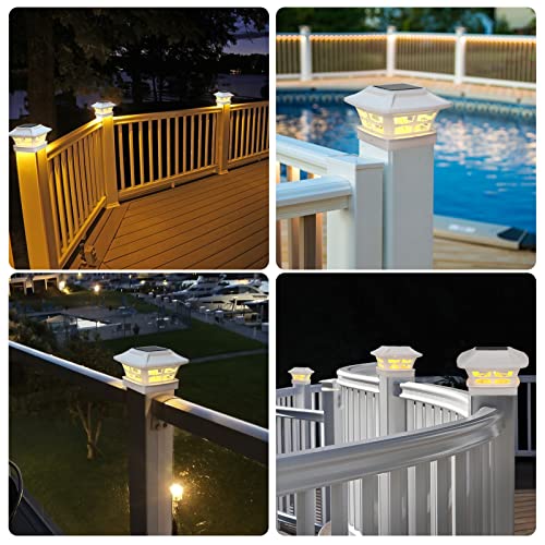 Solar Post Cap Lights Outdoor Solar Powered Post Lights Waterproof LED Fence Light Warm/Cool White 2 Modes Landscape Lamp for 4x4 Posts Garden Yard Deck Fence Patio Decor - White, 4 Packs