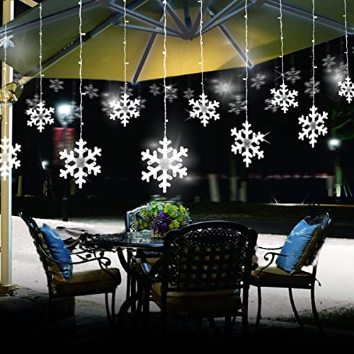 Christmas Snowflake Lights,13.9ft 192 LED Warm White & White Color Changing Snowflake Icicle Lights with 16 Drops,11 Modes Christmas Fairy Lights for Christmas Garden Patio Eave Roof Wall Decorations