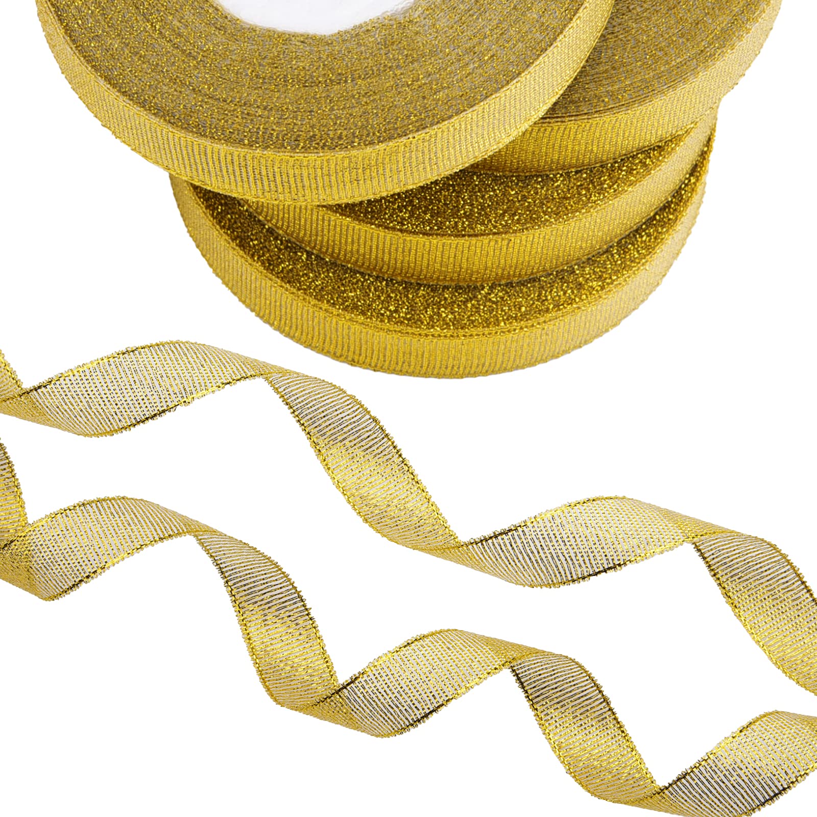 Hapeper 4 Rolls 3/5 Inch Metallic Glitter Ribbons for Gift Wrapping Crafts Birthday Wedding Pary Decoration , 100 Yards in Total (Golden)