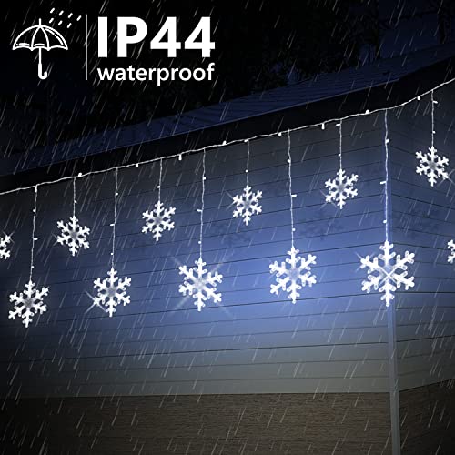 Christmas Snowflake Lights,13.9ft 192 LED Warm White & White Color Changing Snowflake Icicle Lights with 16 Drops,11 Modes Christmas Fairy Lights for Christmas Garden Patio Eave Roof Wall Decorations