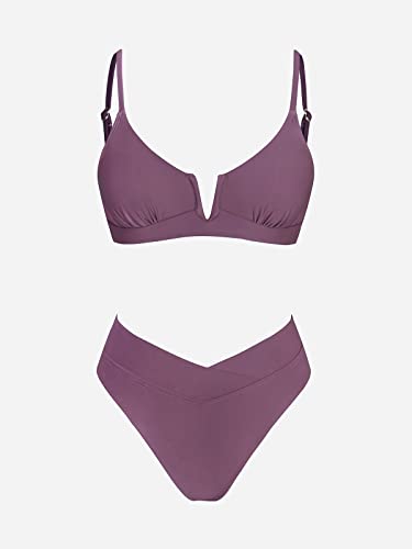 CUPSHE Bikini Set for Women Two Piece Swimsuits V-Wire Bralette High Waisted High Cut Cheeky Bottom S, Purple