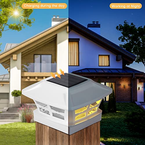 Solar Post Cap Lights Outdoor Solar Powered Post Lights Waterproof LED Fence Light Warm/Cool White 2 Modes Landscape Lamp for 4x4 Posts Garden Yard Deck Fence Patio Decor - White, 4 Packs