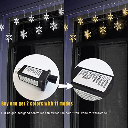 Christmas Snowflake Lights,13.9ft 192 LED Warm White & White Color Changing Snowflake Icicle Lights with 16 Drops,11 Modes Christmas Fairy Lights for Christmas Garden Patio Eave Roof Wall Decorations