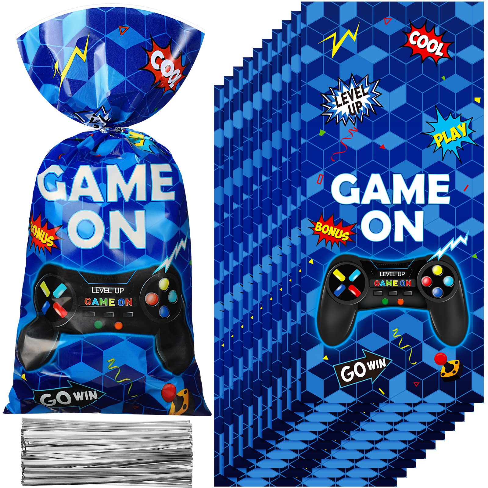 100pcs Video Game Party Bags Plastic Video Game Loot Bags Gaming Goody Candy Treat Bags with 100 Silver Twist Ties Game on Favor Bags Video Games Theme Party Decoration for Game Birthday Party(Blue)