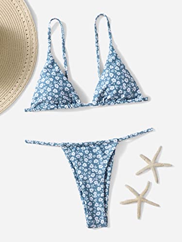 WDIRARA Women's Floral Print Tie Side Swimwear Straps Bikini Sets Swimsuits Blue White XS