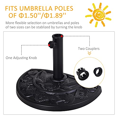 Outsunny 20lbs Half Round Patio Umbrella Base Outdoor Decorative Resin Parasol Stand Holder for Φ1.5, Φ1.9 Pole, for Lawn, Deck, Backyard, Garden, Black