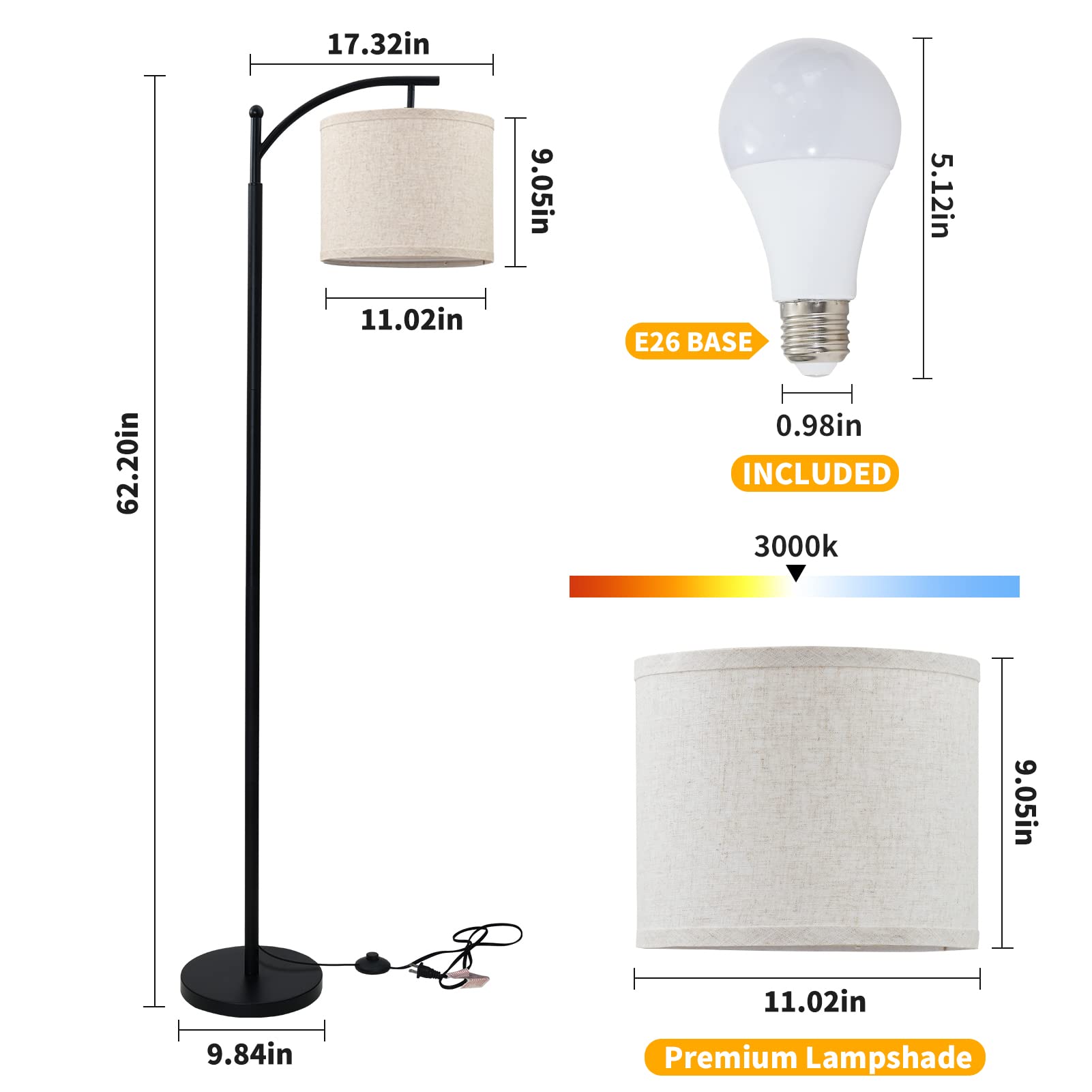 LED Modern Floor Lamp with Beige Linen lamp Shade,Tall Lamps Standing Lamp for Bedrooms,Living Room, Office,Black Pole Lamp with Foot Switch