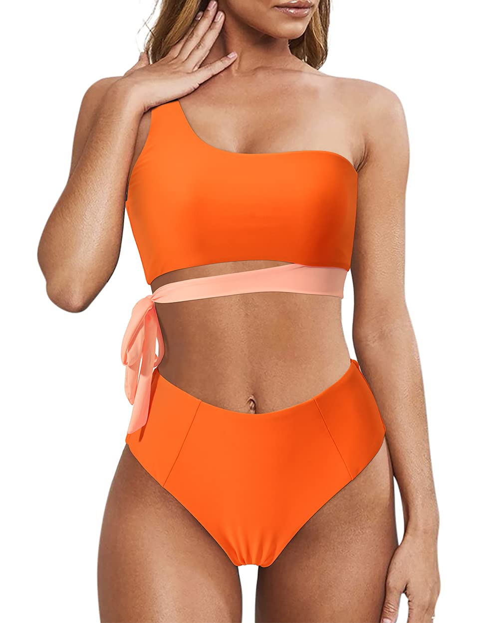 MOOSLOVER Women One Shoulder High Waisted Bikini Tie High Cut Two Piece Swimsuits(M,Orange)