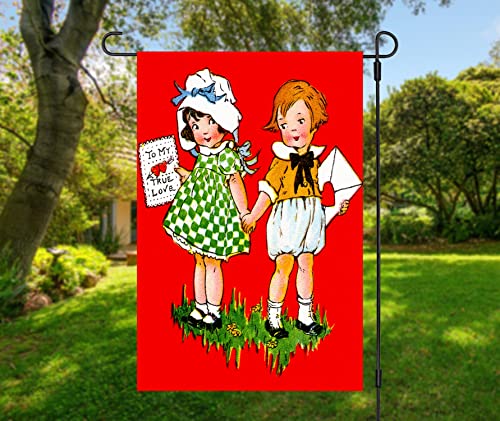 Happy Valentine's Day Garden Flag - Retro Valentines Day Yard Flag - Valentines Day Garden Flags 12x18 Double Sided - Red Vintage Garden Flag Design by Jolly Jon