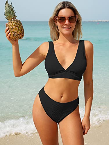 ZAFUL Womens High Waisted Bikini Set V Neck Crinkle Longline Plunge Triangle Bikini Two Piece Swimsuit Black