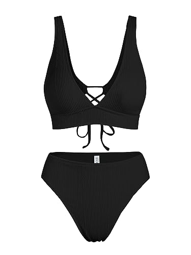 ZAFUL Womens High Waisted Bikini Set V Neck Crinkle Longline Plunge Triangle Bikini Two Piece Swimsuit Black