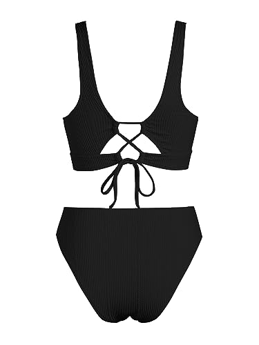 ZAFUL Womens High Waisted Bikini Set V Neck Crinkle Longline Plunge Triangle Bikini Two Piece Swimsuit Black