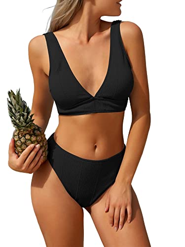 ZAFUL Womens High Waisted Bikini Set V Neck Crinkle Longline Plunge Triangle Bikini Two Piece Swimsuit Black
