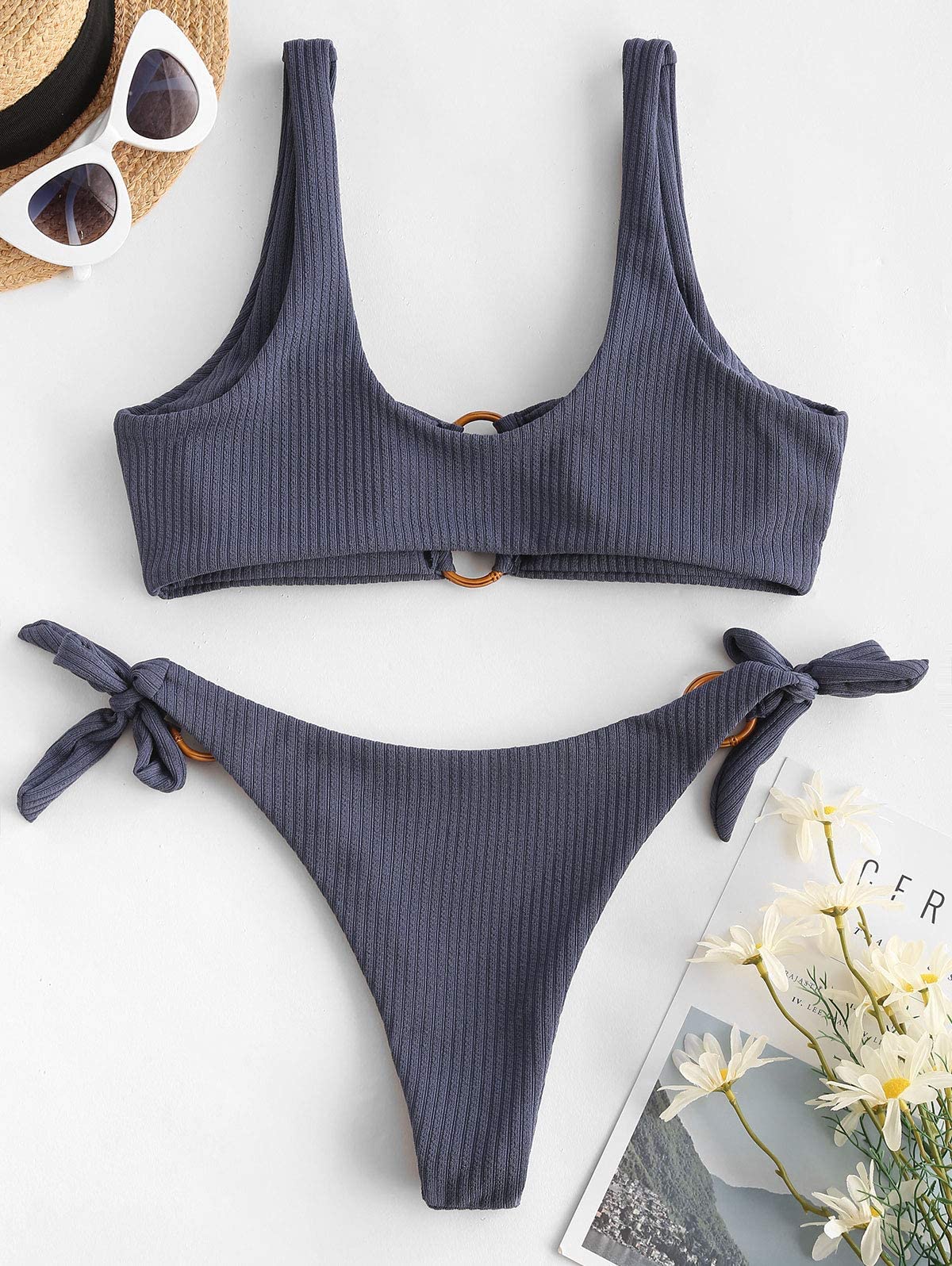 ZAFUL Women's Ribbed Solid O-Ring String Bikini Tie Side Swimsuit Two Pieces Bathing Suit Small