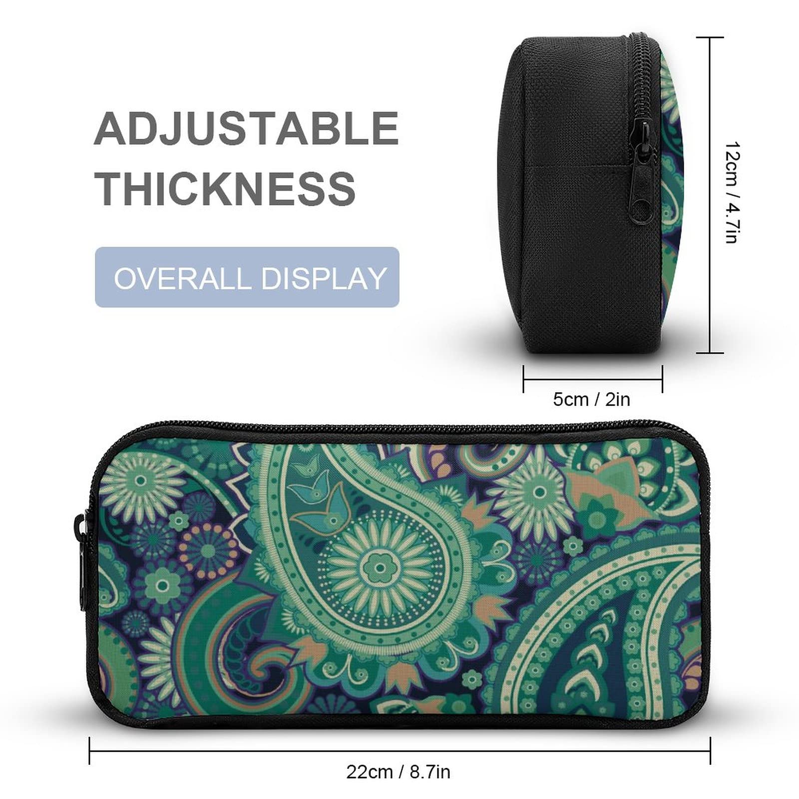 Green Paisley Pattern Pencil Case Stationery Pen Pouch Portable Makeup Storage Bag Organizer Gift
