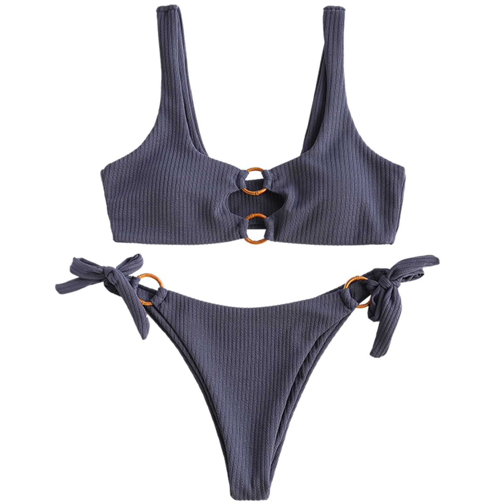 ZAFUL Women's Ribbed Solid O-Ring String Bikini Tie Side Swimsuit Two Pieces Bathing Suit Small