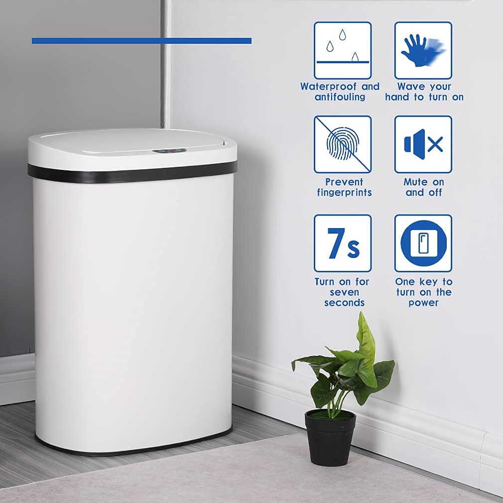 HGS Touchless Trash Can 13 Gallon Automatic Garbage Waste Bin Stainless Steel Trash Can Touch Free Kitchen Garbage Cans with Lid, Sensor Trash Bins for Home Office Living Room Bedroom, White, White