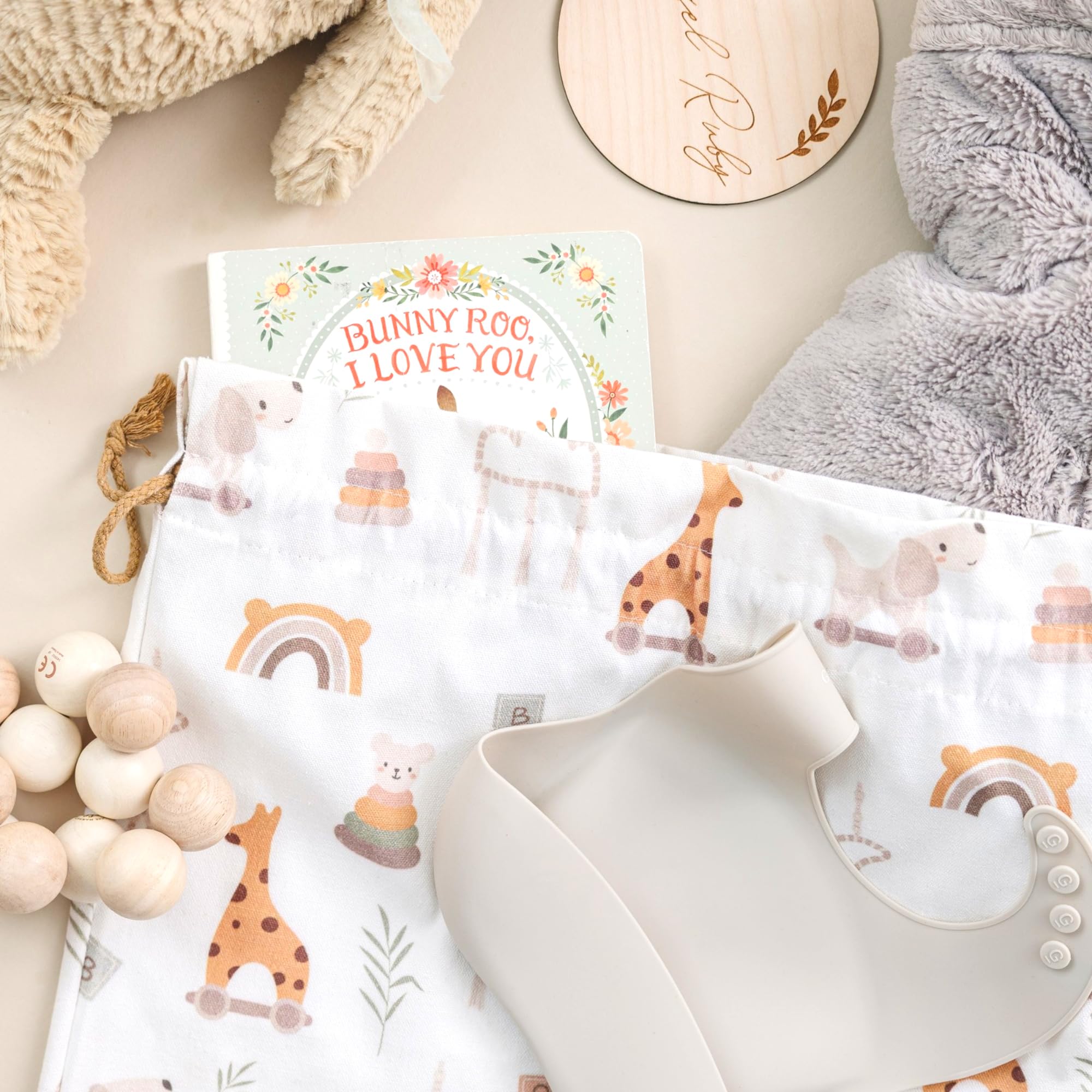 Gather & Knot Drawstring Gift Bags | 20" Large 12" Small | Premium Canvas | Reusable Fabric Wrap for Baby Shower, Neutral Gender Reveal, Kid Birthday | Boho Toy