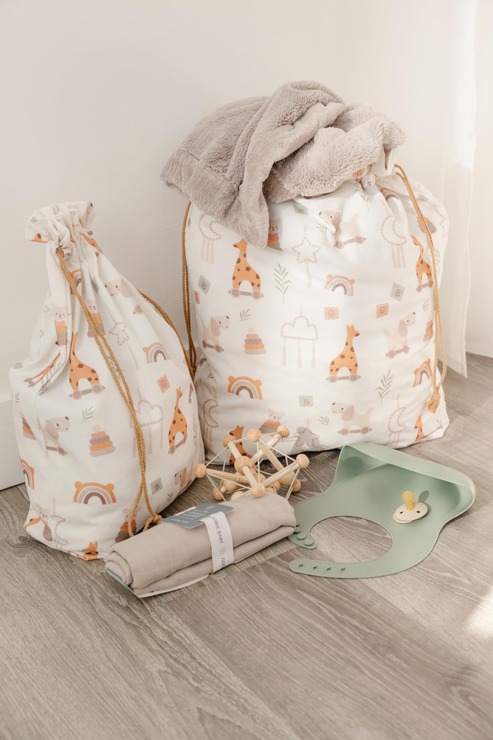 Gather & Knot Drawstring Gift Bags | 20" Large 12" Small | Premium Canvas | Reusable Fabric Wrap for Baby Shower, Neutral Gender Reveal, Kid Birthday | Boho Toy