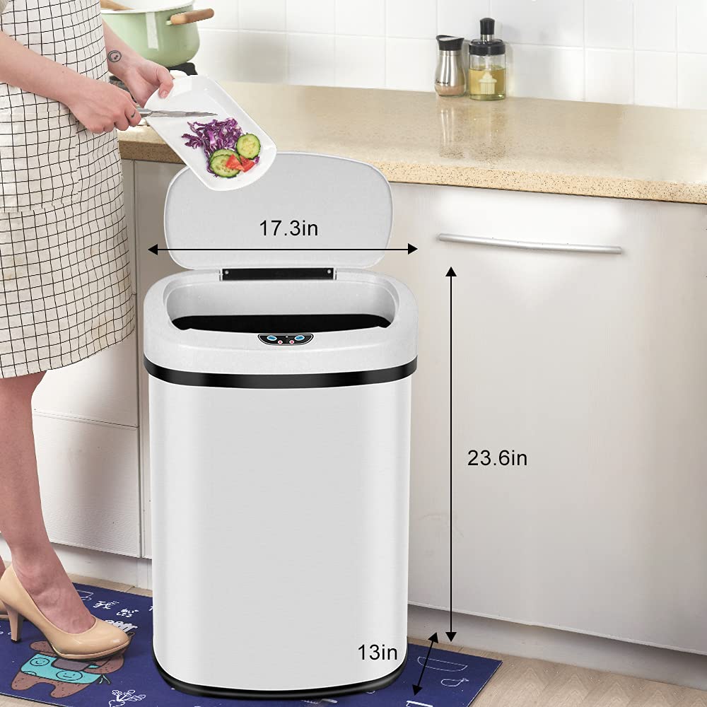 HGS Touchless Trash Can 13 Gallon Automatic Garbage Waste Bin Stainless Steel Trash Can Touch Free Kitchen Garbage Cans with Lid, Sensor Trash Bins for Home Office Living Room Bedroom, White, White