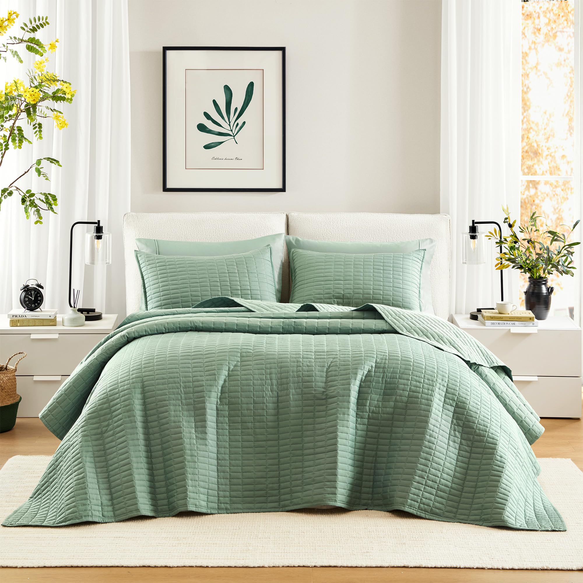 Comfort Spaces Kienna Quilt Set-Luxury Double Sided Stitching Design All Season, Lightweight, Coverlet Bedspread Bedding, Matching Shams, Bedspread King (120"x118"), Seafoam