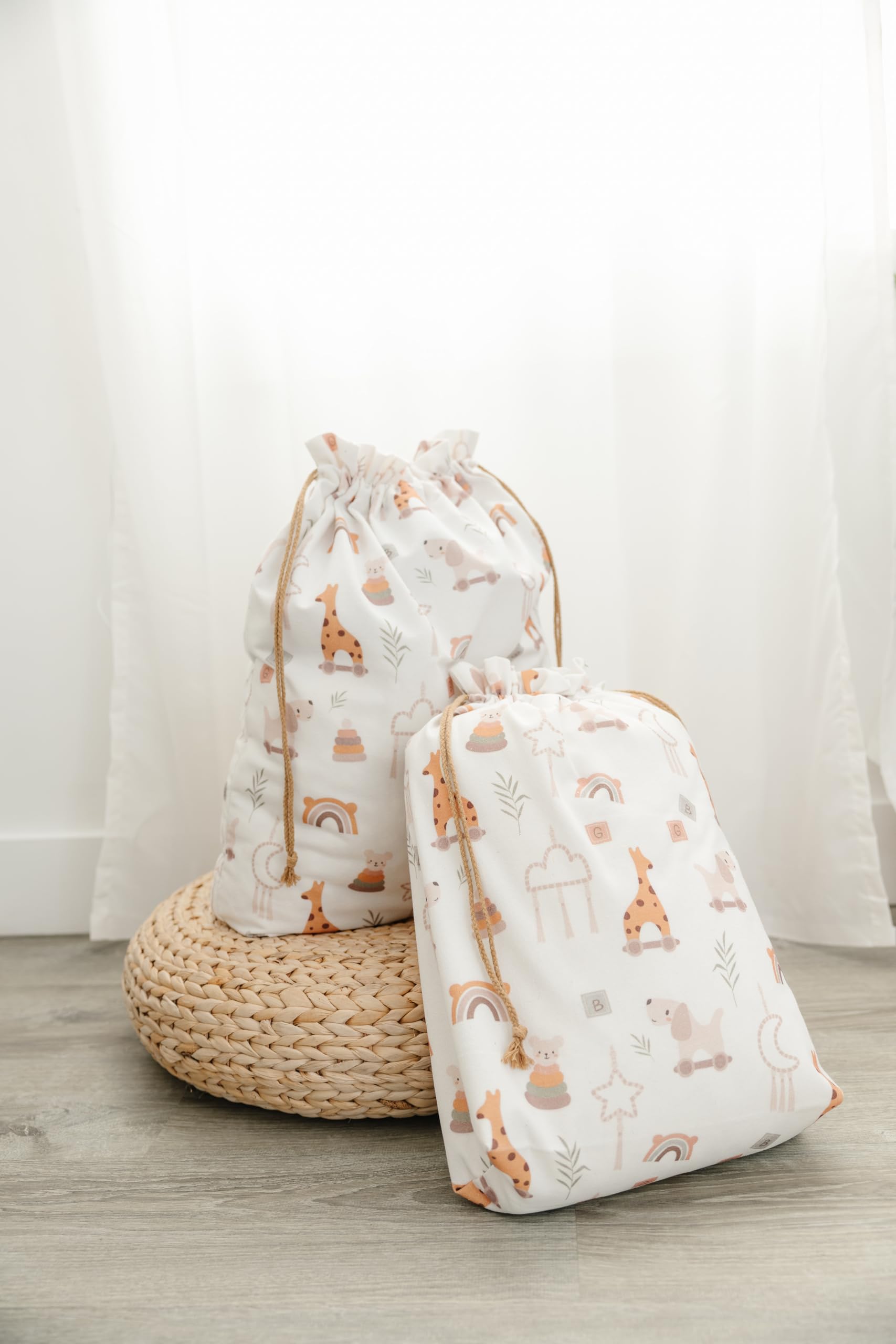 Gather & Knot Drawstring Gift Bags | 20" Large 12" Small | Premium Canvas | Reusable Fabric Wrap for Baby Shower, Neutral Gender Reveal, Kid Birthday | Boho Toy