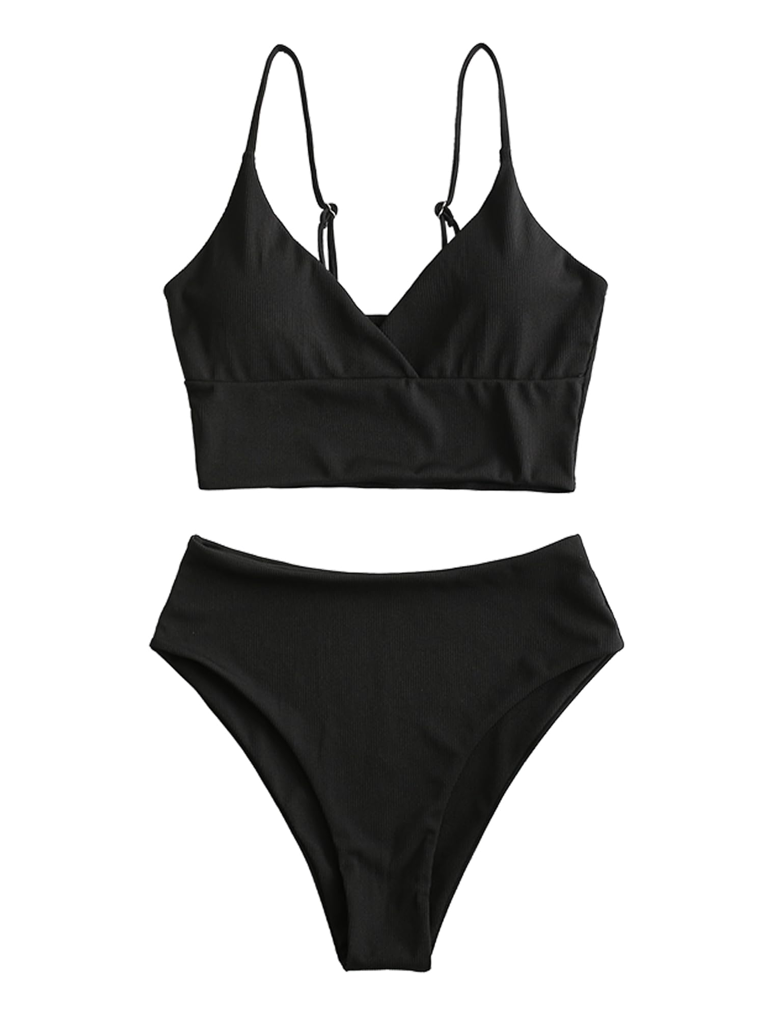 ZAFUL Women Tankini Set, Ribbed High Cut Surplice Swimsuit Bathing Suit with Spaghetti Straps (0-Black-Surplice,S)