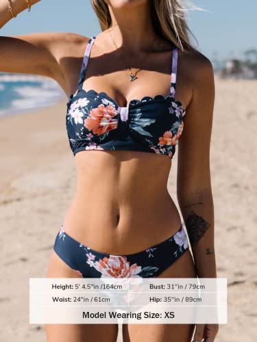 CUPSHE Bikini Set for Women Bathing Suit Scalloped Low Waisted Spaghetti Straps Crisscross Back Hook Kont, XL Navy Floral