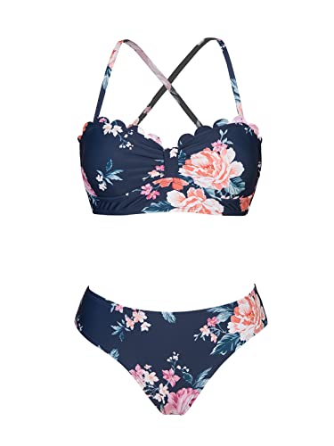 CUPSHE Bikini Set for Women Bathing Suit Scalloped Low Waisted Spaghetti Straps Crisscross Back Hook Kont, XL Navy Floral