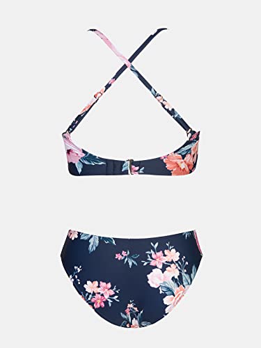CUPSHE Bikini Set for Women Bathing Suit Scalloped Low Waisted Spaghetti Straps Crisscross Back Hook Kont, XL Navy Floral