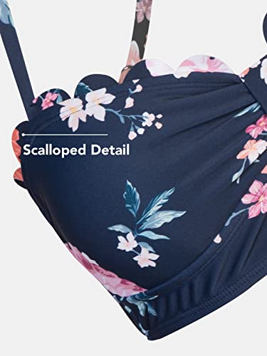 CUPSHE Bikini Set for Women Bathing Suit Scalloped Low Waisted Spaghetti Straps Crisscross Back Hook Kont, XL Navy Floral