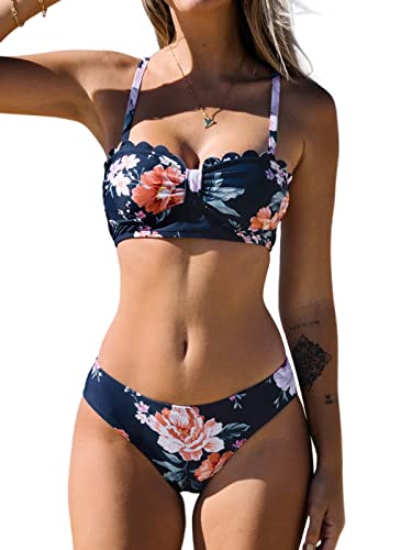 CUPSHE Bikini Set for Women Bathing Suit Scalloped Low Waisted Spaghetti Straps Crisscross Back Hook Kont, XL Navy Floral