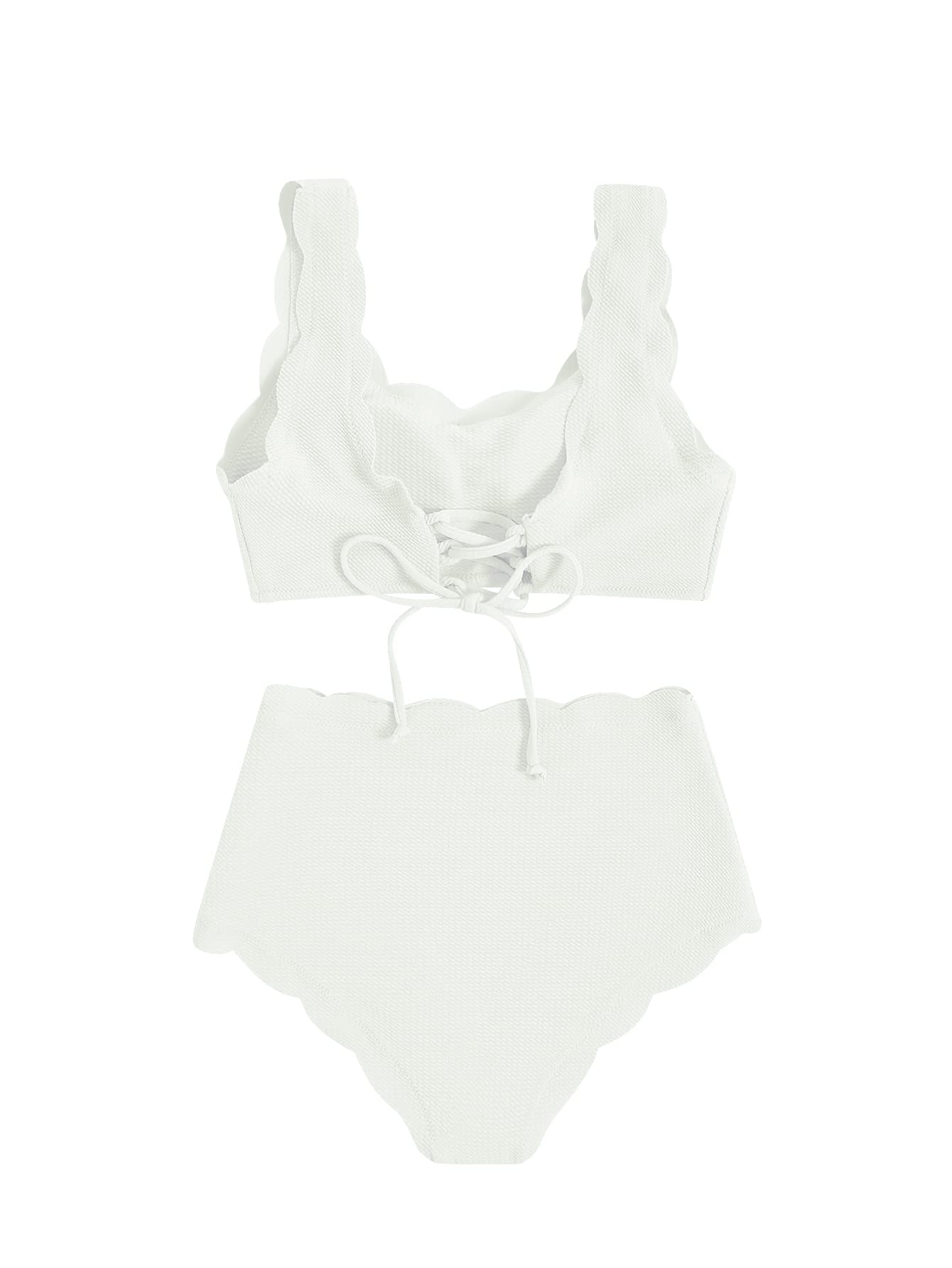 SweatyRocks Women's 2 Pieces Swimsuit High Waist Scalloped Trim Lace Up Bikini Set Plain White L