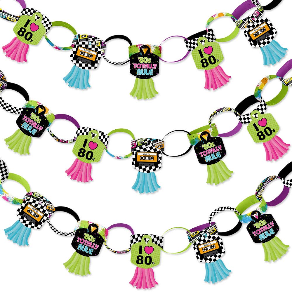 Big Dot of Happiness 80โs Retro - 90 Chain Links and 30 Paper Tassels Decoration Kit - Totally 1980s Party Paper Chains Garland - 21 feet