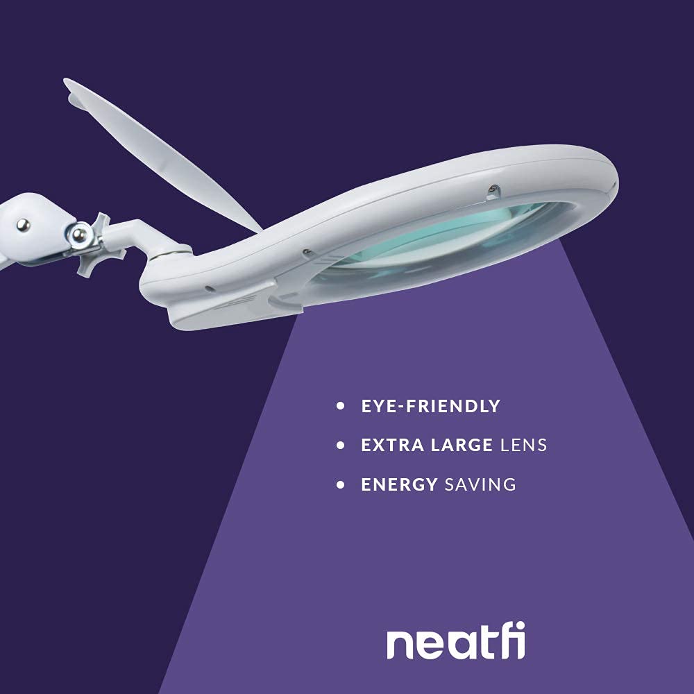 Neatfi Elite XL HD Bifocals Super LED Magnifying Lamp with Clamp, Glass Lens, 6000-7000K, Glare-Free, Nonpolar Dimming (7 Inches, White)