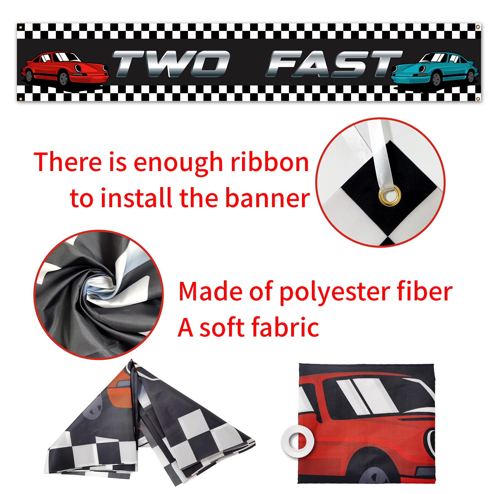 Black And White Two Fast Large Banner Sign Backdrop,Happy 2nd Birthday Party Banner,Happy 2 Years Old Birthday Party Decor,Checkerboard 2 Years Old Banner 9.8x1.6ft